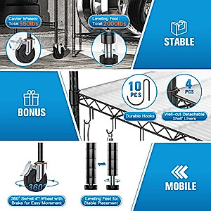 Raynesys Wire Shelving with Wheels, 2000Lbs Heavy Duty NSF-Certified Metal Storage Shelf, Commercial-Grade Adjustable Utility Rack with Shelf Liners Set of 4, 4-Tier 60x24x72 in, Matte Black