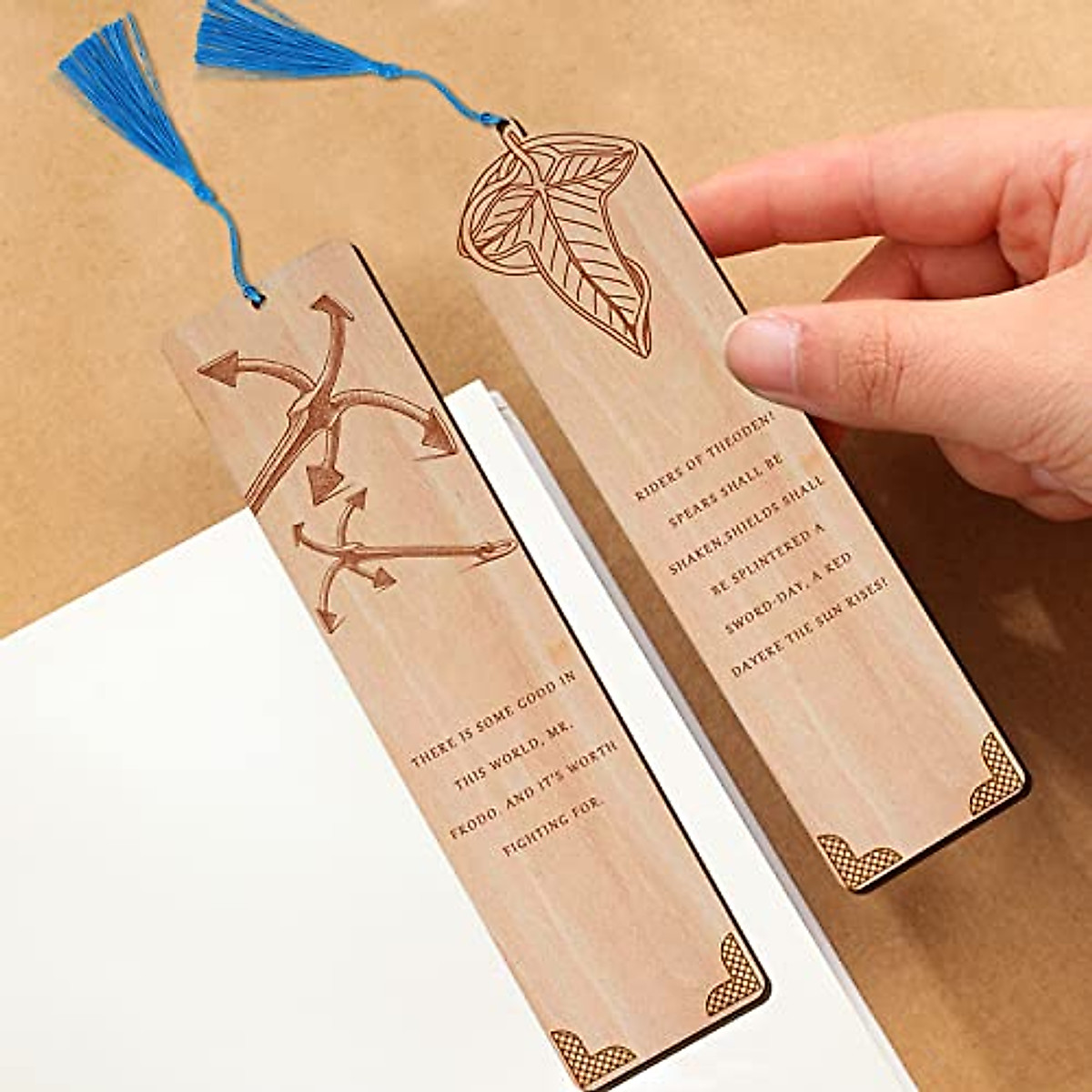 10 Pieces Bookmark Wooden Bookmark Craft, Lord of Rings Themed Hobbits Bookmarks Set with Silk Tassel, Handmade Wooden Carving Book Mark for Women Men Teens
