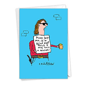 NobleWorks - 1 Hilarious Birthday Card with Envelope - Funny Card with Cartoons, Humor Comic Notecard - Blind Mullet C6150BDG