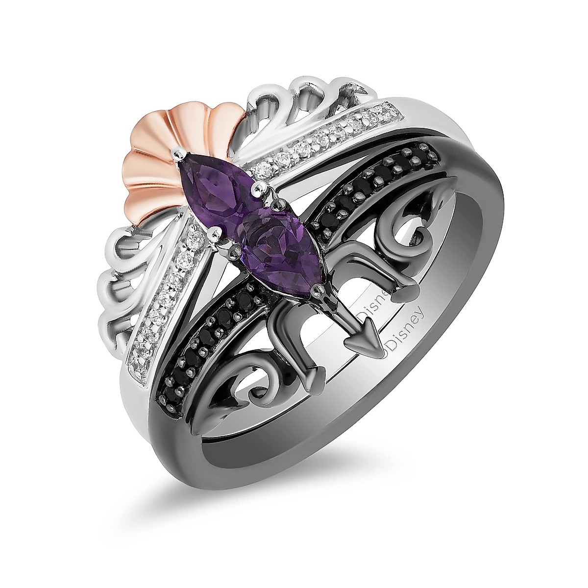 Jewelili Enchanted Disney Fine Jewelry Black Rhodium &14K Rose Gold Over Sterling Silver 5x3 MM Pear Amethyst with 1/5 Cttw Treated Black & Natural White Round Diamond Ariel Villains Duo Ring, Size 8