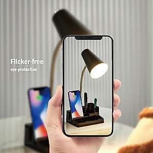 E26 Desk Lamp with 1 USB Charging Port and 1 AC Outlet, Organizer Base, Adjustable Neck, On/Off Switch, Modern Table Lamp for Reading, Working, Studying, Gentle Warm White Light, Eye Protect