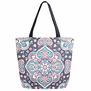 ZzWwR Beautiful Indian Floral Paisley Extra Large Canvas Shoulder Tote Top Handle Bag for Gym Beach Weekender Travel Shopping