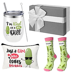 Soaoo Funny Pickle Gifts for Pickle Lovers Just a Girl Who Loves Pickles Makeup Bag Insulated 12 oz Stainless Steel Tumbler Pickle Sock Gift Box with Card Pickle Christmas Gift(Pink and White)