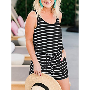 REORIA Womens Casual Summer One Piece Sleeveless Tank Top Striped Playsuits Yoga Short Jumpsuit Beach Rompers Black+White Small