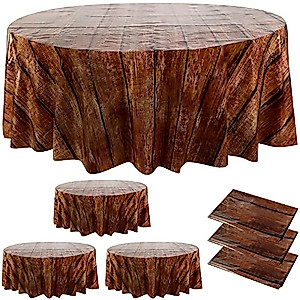 Remagr 3 Pack Wood Grain Round Tablecloth 84 Inch Waterproof Stain Resistant Polyester Table Cloth Disposable Stripe Cover for Baby Shower Birthday Dining Buffet Party Picnic Decor