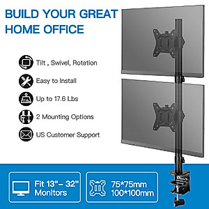 HUANUO Vertical Dual Monitor Mount, Stacked Monitor Stand for 2 Monitors with Height Adjustment Computer Monitor Arm Supports Two 17 to 32 Inch with C Clamp Each Monitor Desk Mount Hold up to 17.6lbs