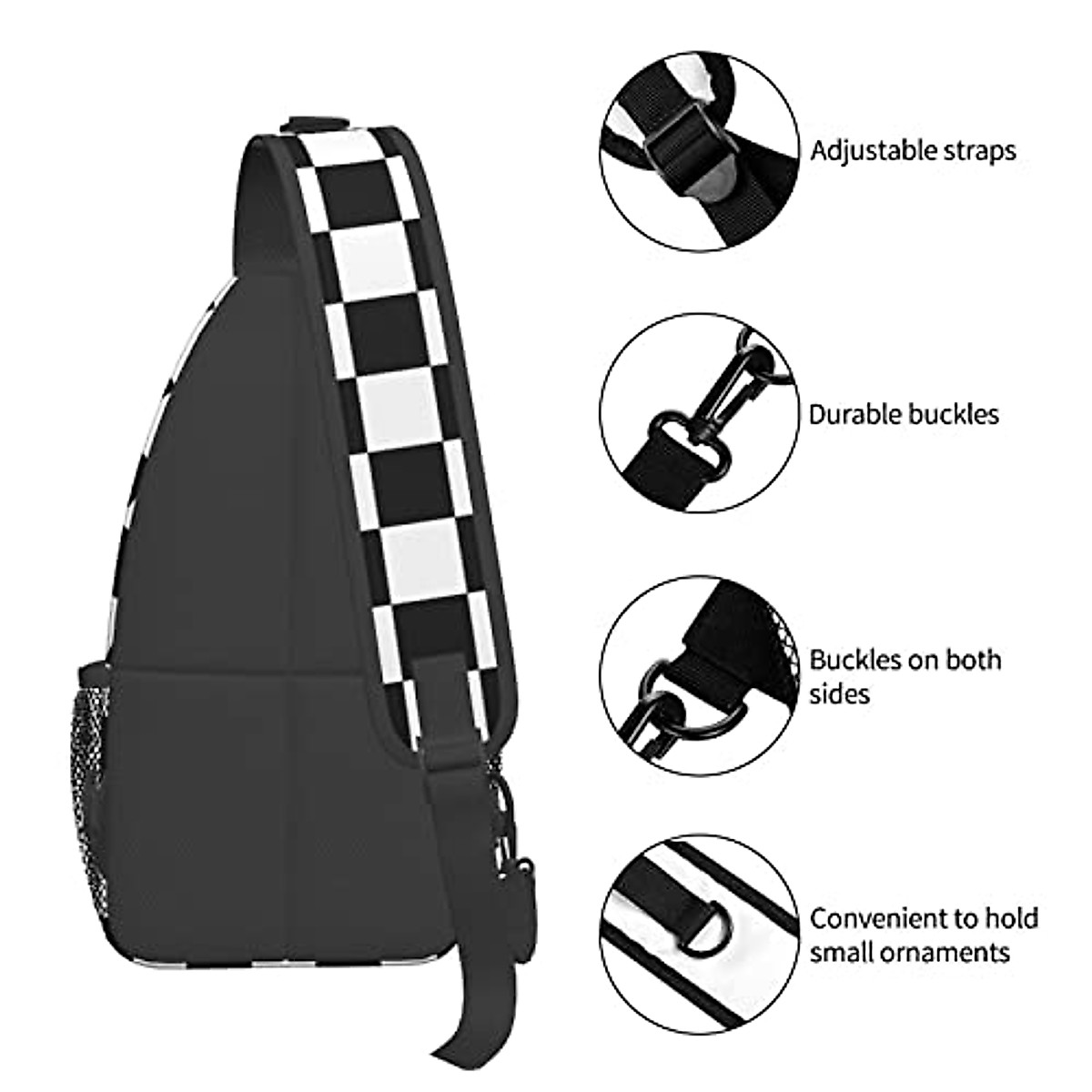 LAKUERVI Plaid Chest Sling Bag Geometric Checkered Plaid Pattern Black White Crossbody Shoulder Backpack Adjustable Lightweight Travel Hiking Casual Daypack for Men Women