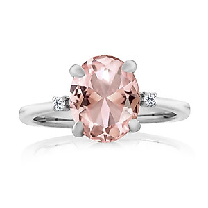 Gem Stone King 925 Sterling Silver Peach Nano Morganite and White Topaz 3 Stone Ring For Women (2.36 Cttw, Oval 10X8MM, Gemstone October Birthstone, Size 6)