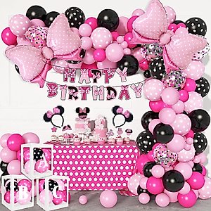 Pink Mouse Birthday Party Supplies - Pink Mouse Balloon Garland Arch Kit for Cartoon Mouse Theme Birthday Party Decorations for Girl, Pink Bow Foil Balloons and Banners for Baby Shower Party Supplies