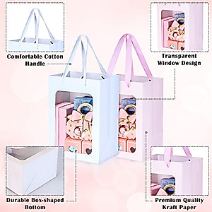 Zhehao 12 Pcs Christmas Paper Gift Bags with Transparent Window 7.09 x 5.12 x 9.84 Inch Gift Wrap Bags for Bouquets with Handle for Festivals Party, Weddings, white, Pink
