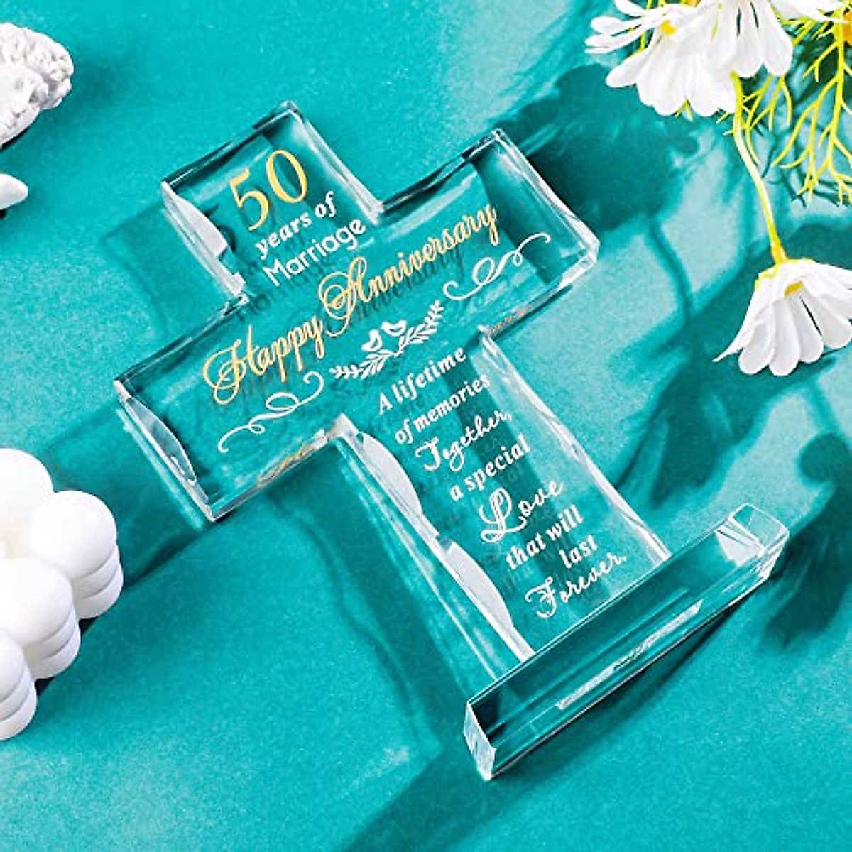 YWHL 50th Wedding Anniversary Religious Gifts for Parents, Laser Engraved Glass Standing Cross Keepsake for Couple, 50 Years of Marriage Cross Present