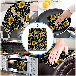 Meet 1998 Floral Sunflower Bee Kitchen Towels, Set of 2 Hand Drying Towel, Soft Absorbent Multipurpose Cloth Tea Towels for Cooking Baking, Yellow Black Washable Dish Towels Cloth 18x28 Inch