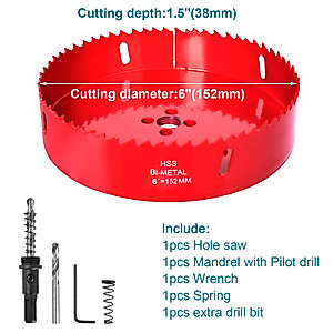 6 Inch(152mm) Hole Saw for Wood, Plastic Board, Ceiling, Drywall, Plasterboard, and Metal Sheet - HSS Bi-Metal Hole Cutter with Pilot Drill Bit