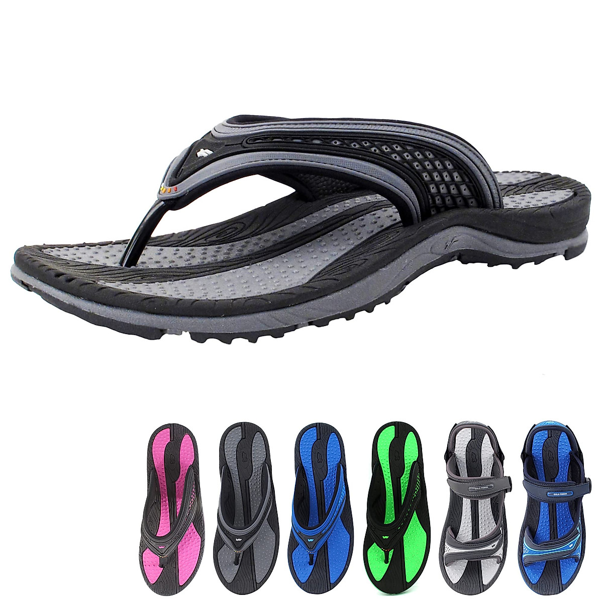 Gold Pigeon Shoes GP Signature Sports Flip-Flops: 8508 Black Grey, Women Size 7-7.5 & Men Size 6.5-7 (8508-blk-38)