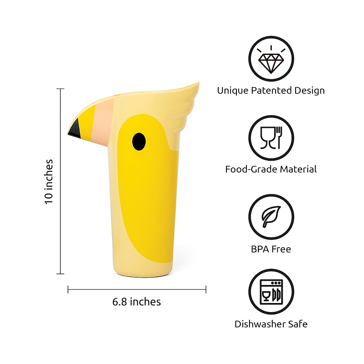 Polly Toucan Pitcher 25 Oz Yellow by OTOTO - BPA free Water Pitcher - 2 Litre (25 Oz) Pitchers for Iced Tea