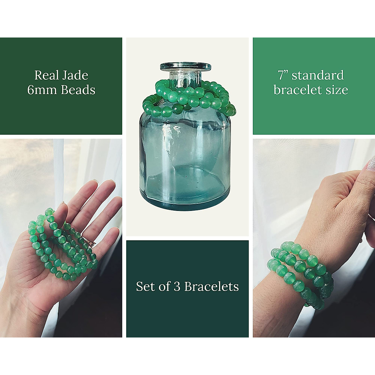 Ollie West Set of 3 JADE BRACELET FOR WOMEN - 8mm REAL JADE BEADS - 7" Standard Size - JADE Jewelry for Women - Healing Crystal Jewelry - JADE Stone Bracelet for Women - Worry Beads (Green)