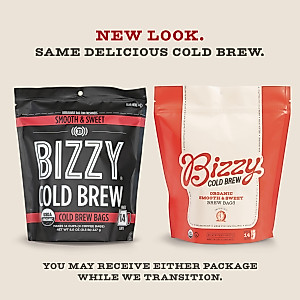 Bizzy Organic Cold Brew Coffee | Smooth & Sweet Blend | Coarse Ground Coffee | Medium Roast | Micro Sifted | Specialty Grade | 100% Arabica | Brew Bags | 4 Count | Makes 14 Cups