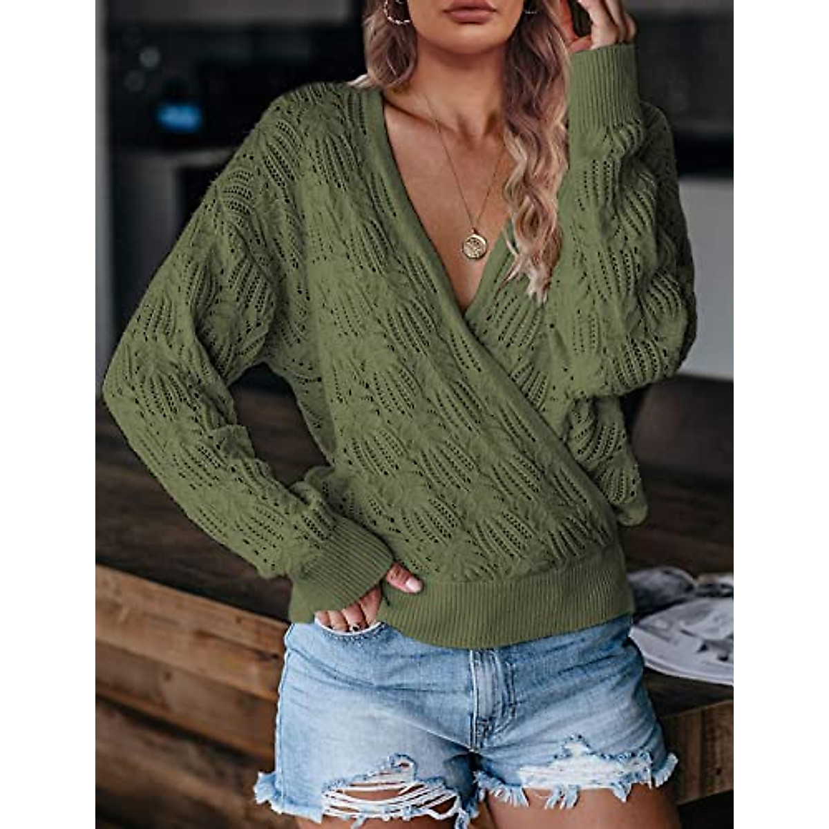 MEROKEETY Womens Deep V Neck Wrap Sweaters Long Sleeve Crochet Knit Pullover Tops, Army Green, Large