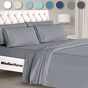 Mueller Ultratemp Bed Sheets Set, Super Soft 1800, 6 Piece California King Sheet Sets, Deep Pocket up to 16", Transfers Heat, Breathes Better, Hypoallergenic, Wrinkle-Resistant, Oeko-TEX, Light Grey