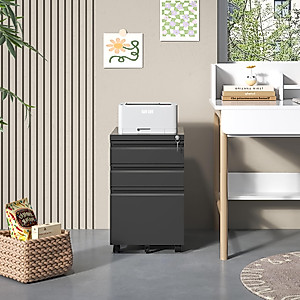 Yukimo 3 Drawer Mobile File Cabinet, Filing Cabinet Home Office for Letter, Legal Size, Fully Assembled Under Desk File Cabinet, Black
