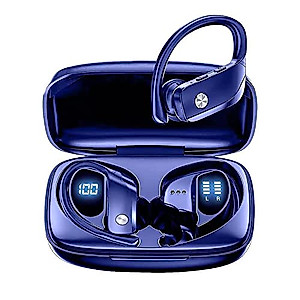 Wireless Earbuds Bluetooth Headphones 48hrs Play Back Sport Earphones with LED Display Over-Ear Buds with Earhooks Built-in Mic Headset, 48H Playtime, Noise Cancelling (Blue)