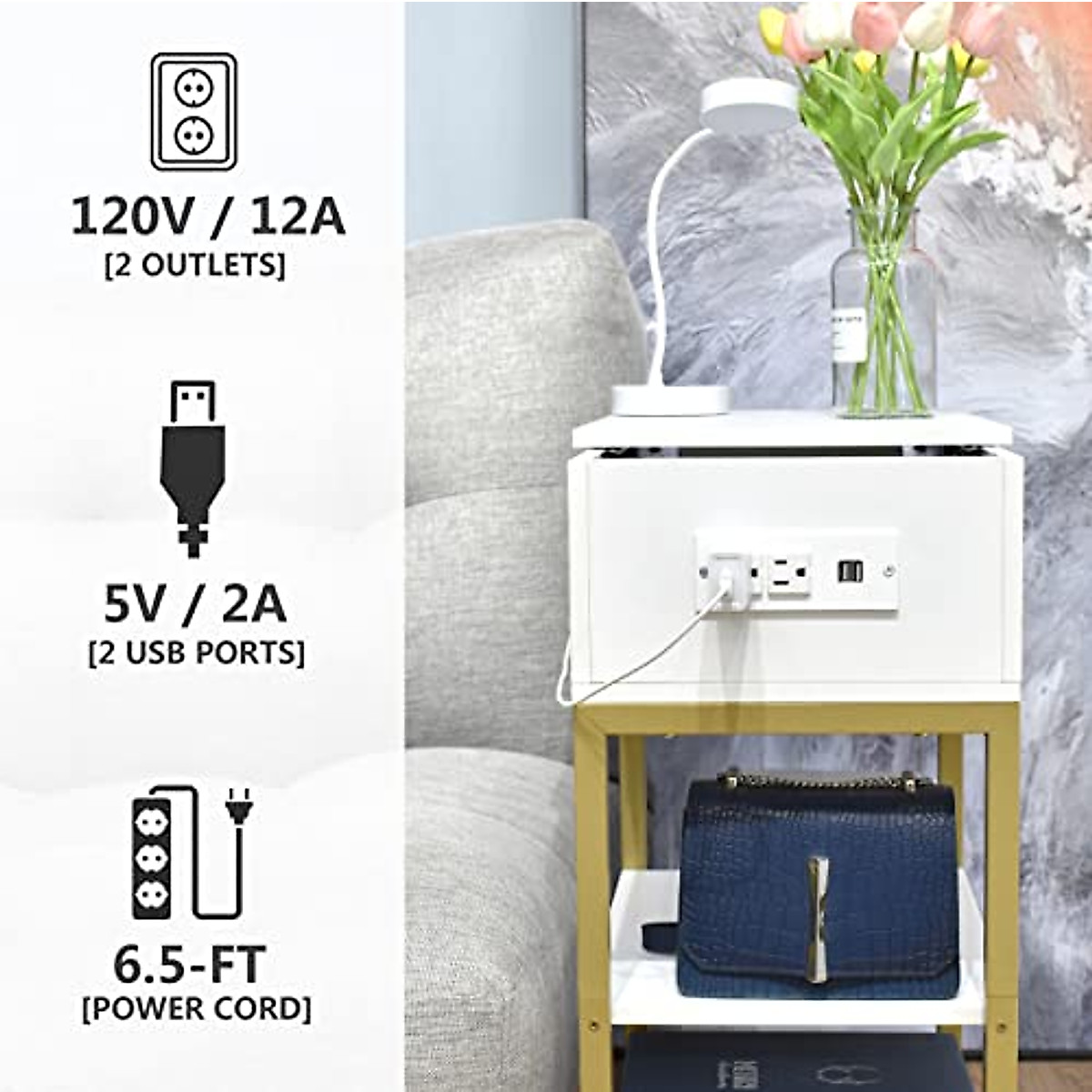 SZLHANJZ Modern Nightstand, White Nightstand with Charging Station, Slide Top Bed Side Table with Storage Drawer, 3 Tier Wood & Metal Narrow End Table for Home Apartment Dorm, Gold + White