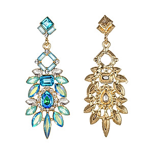 BriLove Art Deco Rhinestone Marquise Emerald Cut Rectangle Geometric Statement Earrings for Women Iridescent Blue Gold-tone