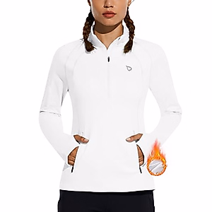 BALEAF Women's Fleece Running Jacket Half-Zip Cold Weather Gear Thermal Shirts Tops Athletic Pullover Workout Winter White Large