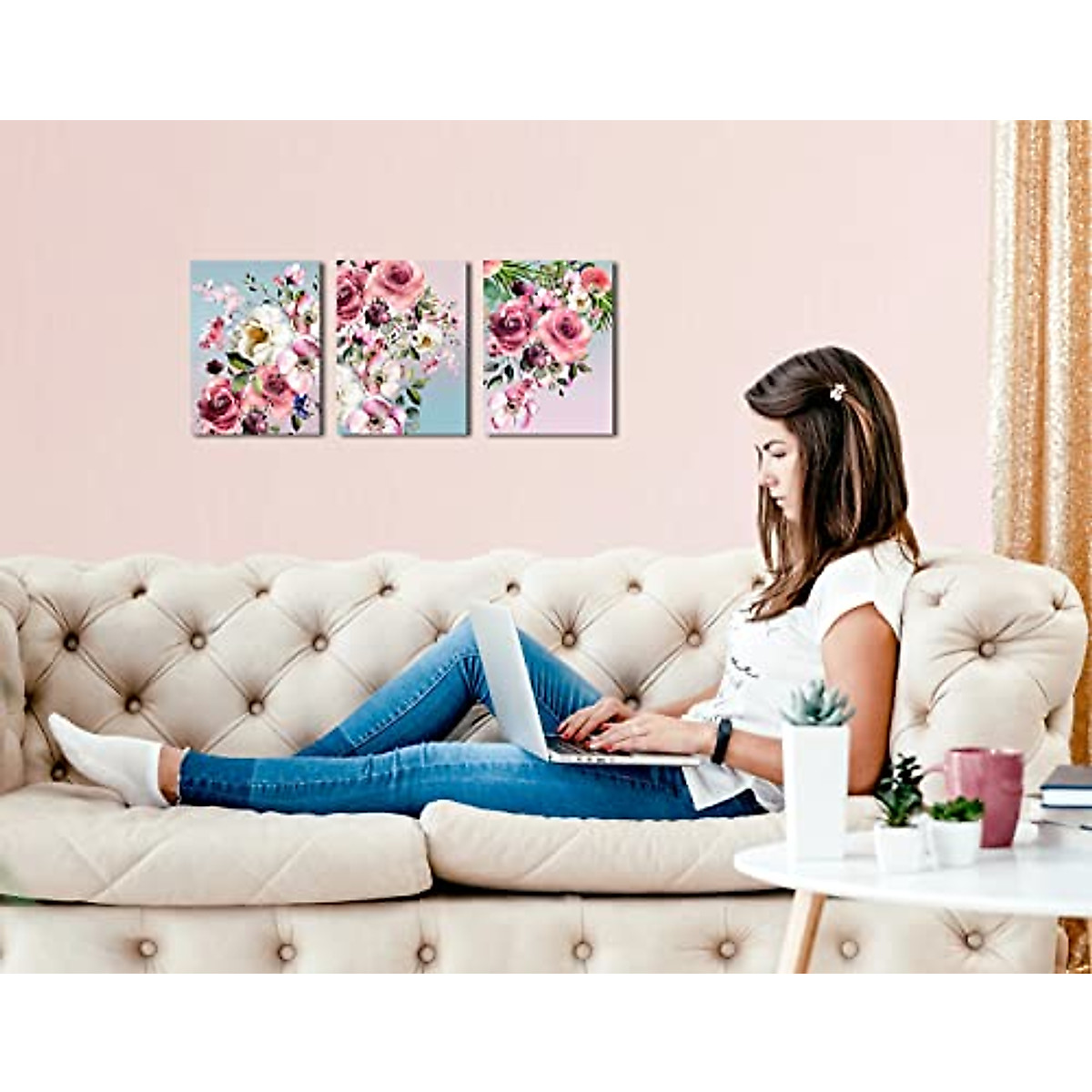 Flower Canvas Wall Art for Bedroom Woman Wall Decor Pink White Flowers Picture 3 Piece Framed Artwork Modern Plant Floral Canvas Prints for Kitchen Home Bathroom Girls Room Wall Decoration 12"x16"