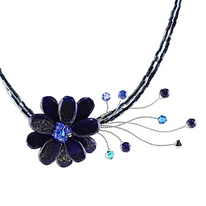 NOVICA Handmade Lapis Lazuli Choker Flower Necklace Stainless Steel Glass Bead Blue Beaded Pendant Thailand Royal Reflecting Pond Floral Birthstone [17 in L x 1.2 in W] 'Midnight Sea'