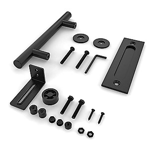 HomLxclx 12" Sliding Barn Door Handle Pull and Flush Hardware Set & Barn Door Floor Guide 8 in 1 Adjustable Roller, Easy to Install, Black