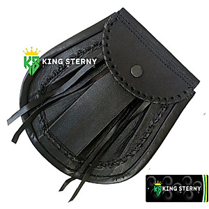 Scottish Kilt Black Leather Sporran of ROB ROY Jacobite with Lace Tassels & Chain Belt Medium