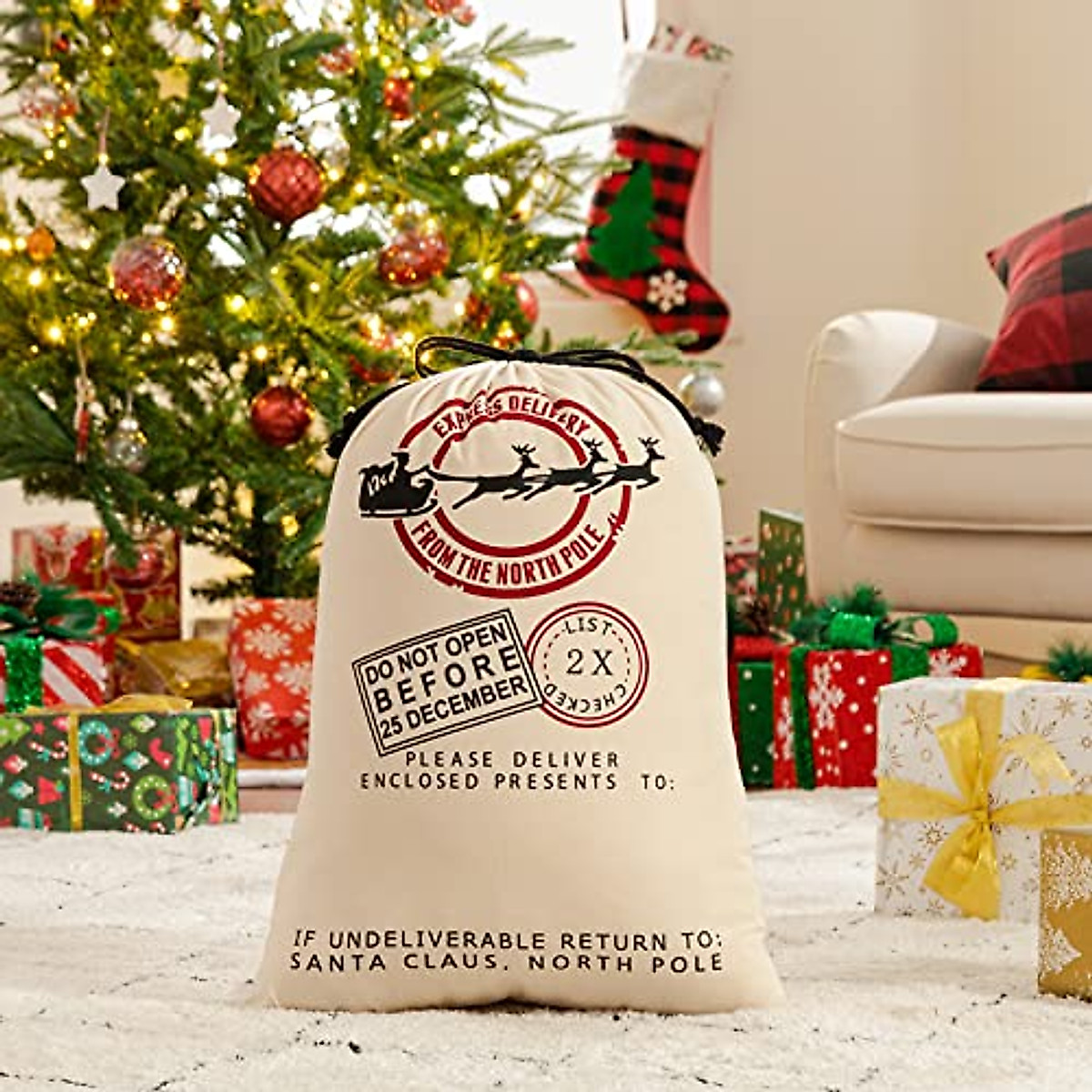 HBlife Canvas Santa Sack, 19.7 X 27.6 Inch Large Santa Bags for Gifts, Personalized Christmas Sacks for Presents with Drawstring, Style 3