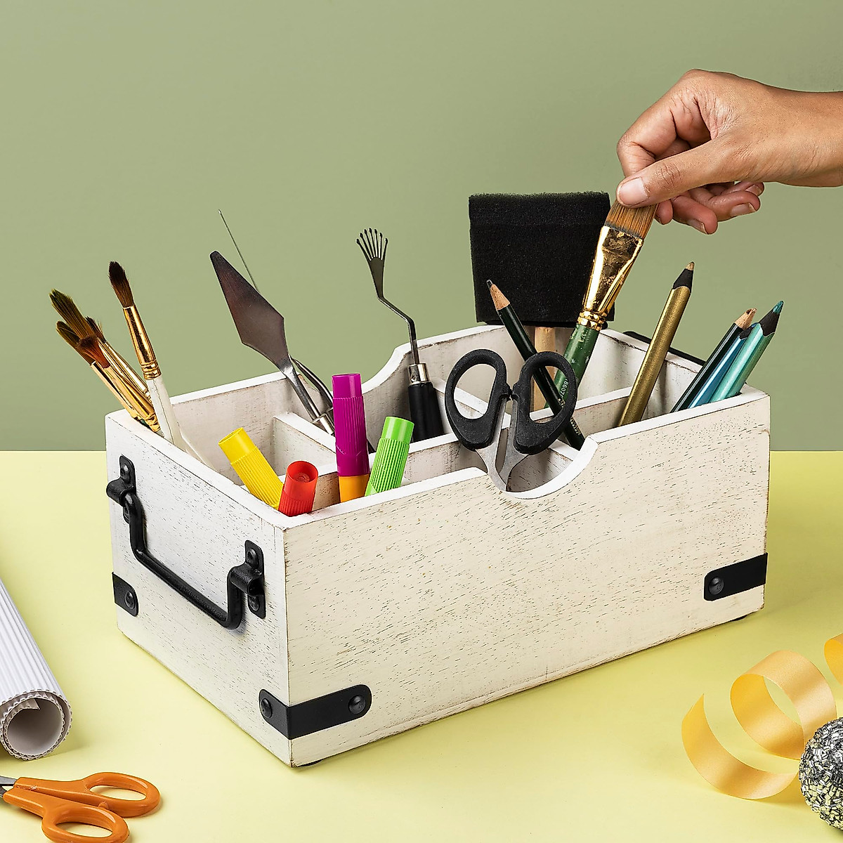 GoCraft 6 Compartment Flatware Caddy, Multipurpose Organiser for Kitchen Cutlery, Dining Silverware Condiments, Arts, Makeup Brushes, White Washed Mango Wood Caddy with Metal Handles