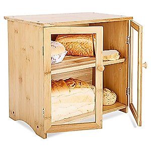 Leopard Bamboo Bread Box for Kitchen Countertop, 2 Layers Bread Boxes with Clear Window for Kitchen Food Storage, Large Bread Storage Bin with Cutting Board - Natural Bamboo