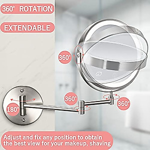 Rechargeable Lighted Wall Mounted Makeup Mirror 8 Inch 1X 10X Magnifying Double Sided, Touch Dimmable 3 Color LED Lights Vanity Mirror, Extendable 360° Swivel Bathroom Mirror, Brushed Nickel
