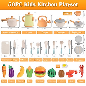 TUEHUTDE 50PCS Play Kitchen Accessories, Kids Kitchen Toy Toddler Cooking Playset with Play Pots and Pans, Kettle, Cups, Utensils Cookware Toys, Play Food, Toy Vegetables Fruit Gift for Girls Boys