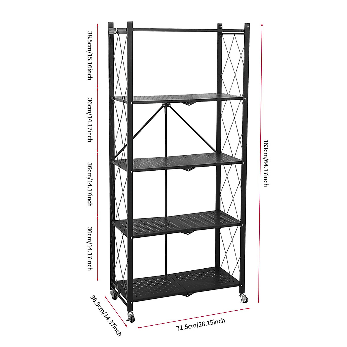 ExGizmo Storage Shelves,5-Shelf Foldable Metal Garage Shelveing with 4 Wheels,Large Capacity Shelving Unit,No Assembly Organizer Rack,Movable Storage Rack for Room,Kitchen,Grocery Room (Black)
