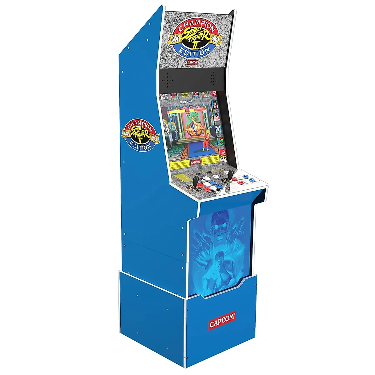 Arcade1Up Street Fighter II Champion Edition Big Blue Cabinet Style Arcade Machine w/ 12 Games, Coinless Operation, Light-Up Marquee, WiFi, and Stool