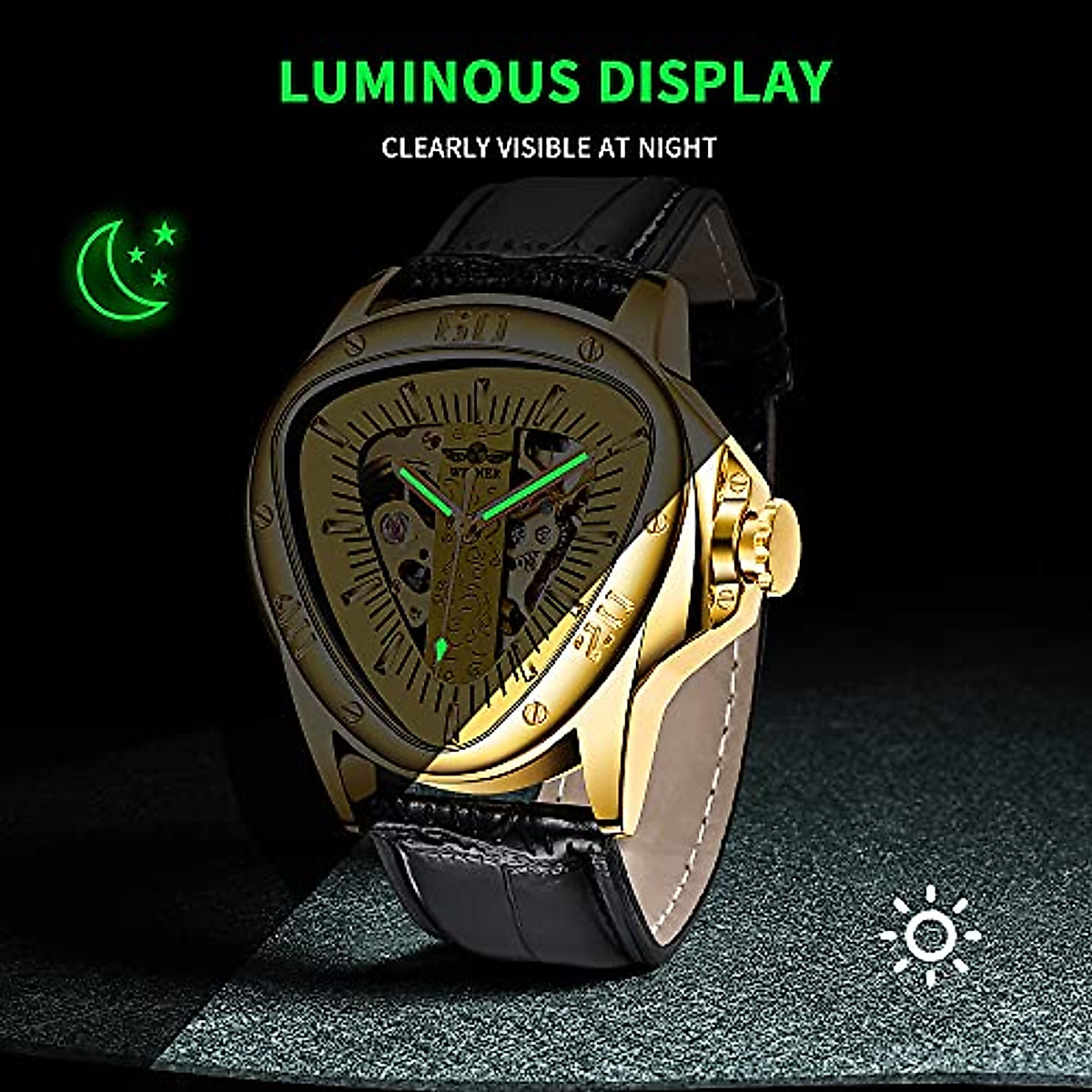 BOSNI Triangle Men Mechanical Wristwatches Luxury Golden Dial Automatic Watch Men Skeleton Wrist Watches