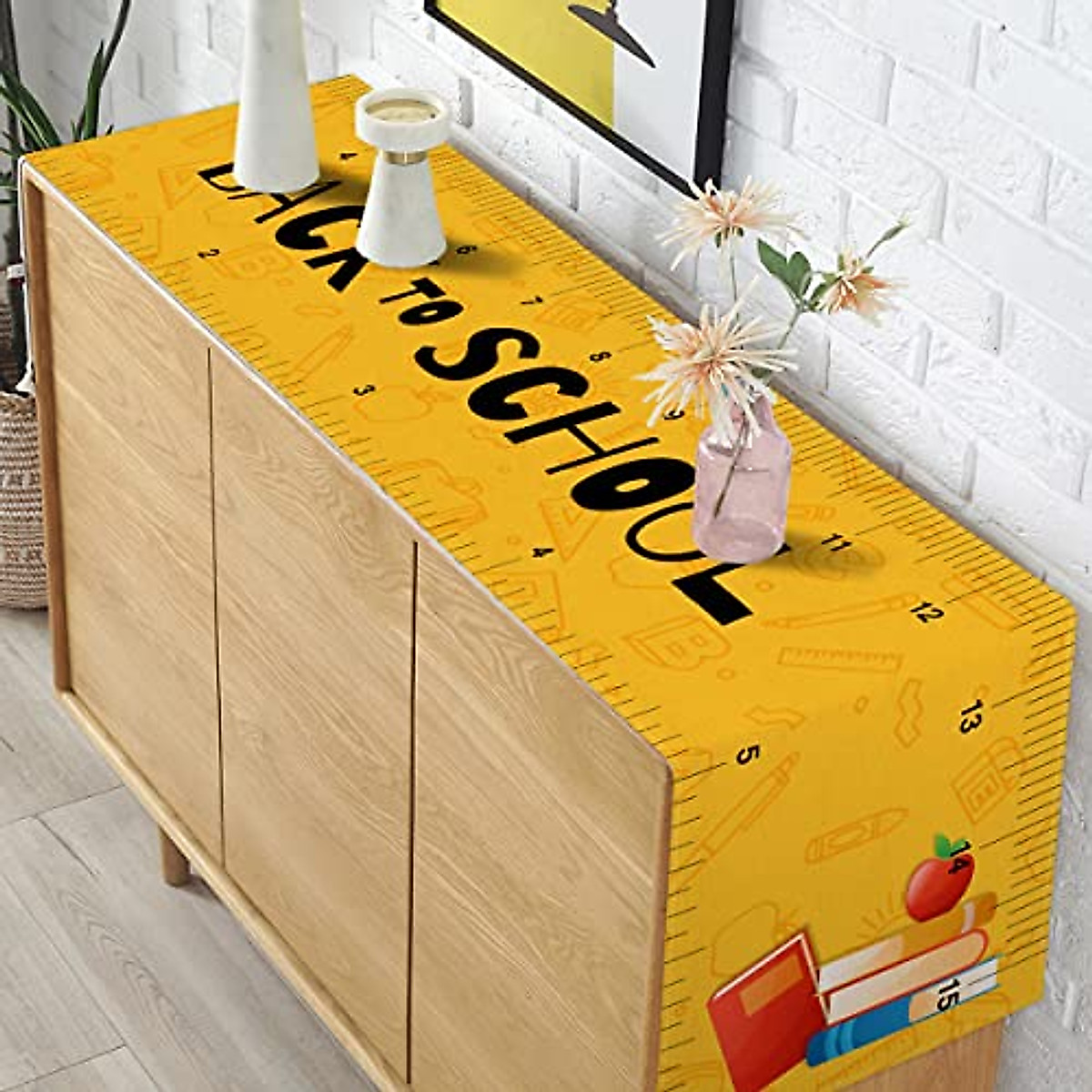 Pudodo Back to School Table Runner Apple Ruler First Day of School Kids Students Classroom Party Dinning Room Home Decoration (13" x 72")