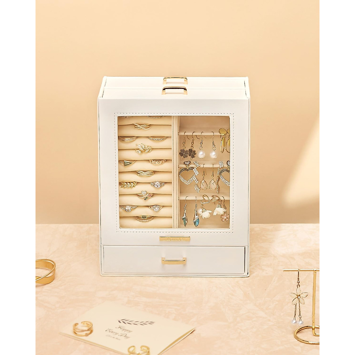 Homde Jewelry Organizer Girls Women Jewelry Box for Necklaces Rings Earrings Gift Jewelry Storage Case (White + Gold)