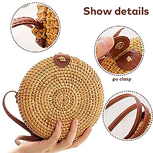 WYBG Handwoven Boho Rattan Bag with Leather Strap Round Circle Woven Wicker Chic Women Handbag Handmade Bali Ata Shoulder Bag Weave Crossbody Bag Wicker Straw Purse for Women Girls