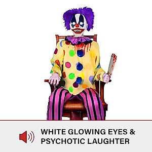 Haunted Hill Farm Motion-Activated Thrashing Clown with a Meat Cleaver by Tekky, Sitting Scare Prop Animatronic for Indoor or Covered Outdoor Creepy Halloween Decoration, Plug-in or Battery Operated