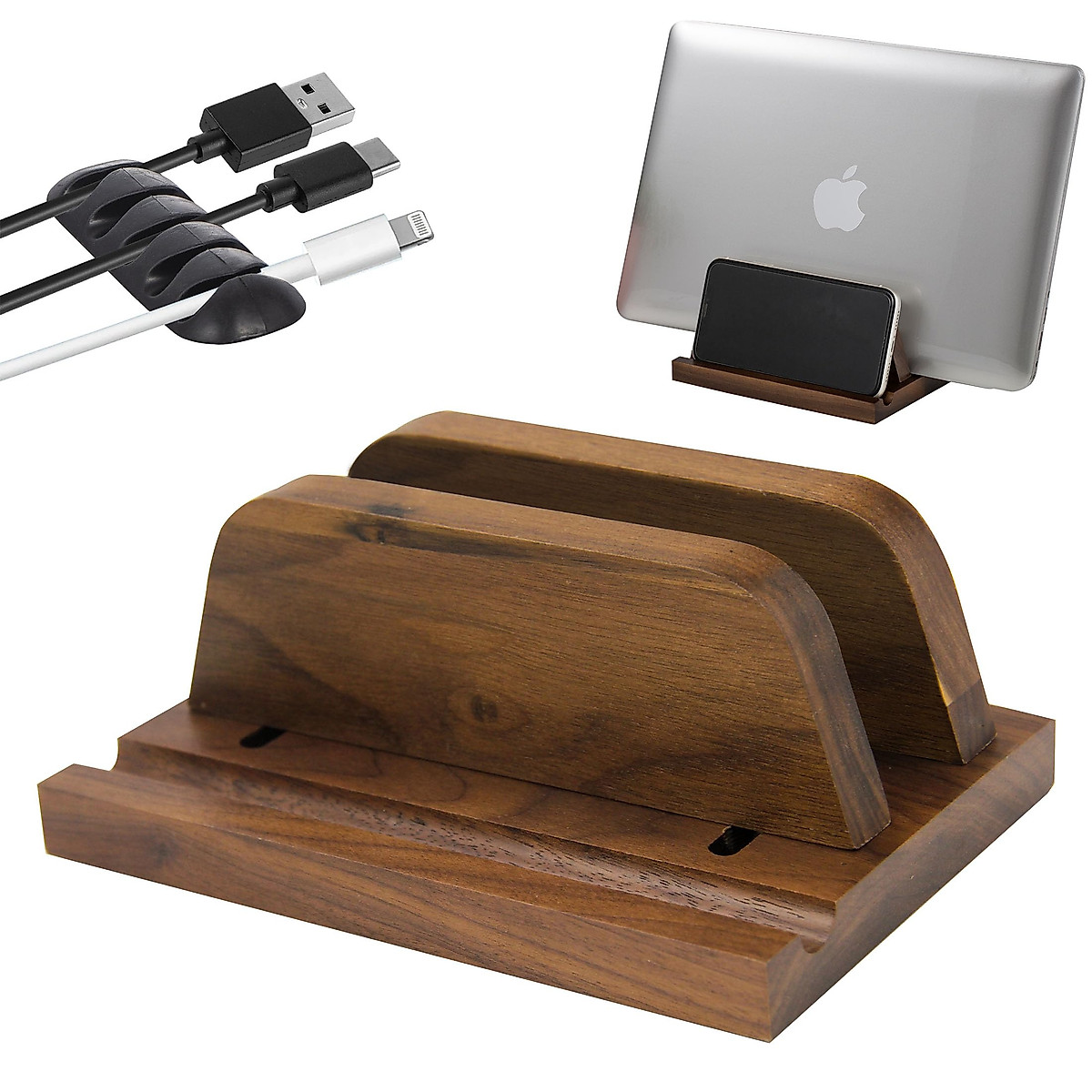 Vertical Laptop Stand Wood, Wooden Adjustable Laptop Holder, Walnut, 2 Slot, Double, Upright Laptop Holder for Desk, MacBook Stand, Laptop Dock, Desktop Organizer, Fits MacBook, Other Laptops, Phone