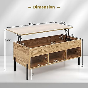 Tangkula Lift Top Coffee Table with Metal Legs, Rising Center Table w/Hidden Compartment & 3 Open Cubbies, Multifunctional Wood Dining Working Table for Living Room Reception Room (Natural)