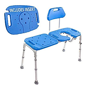 Bath Transfer Bench with Cutout Shower Seat, Deluxe All-Access Chair for Tub and Shower Transfers, Raised Toilet Seat for Seniors and Elderly Bathroom, Adjustable Height, Includes Insert, Blue