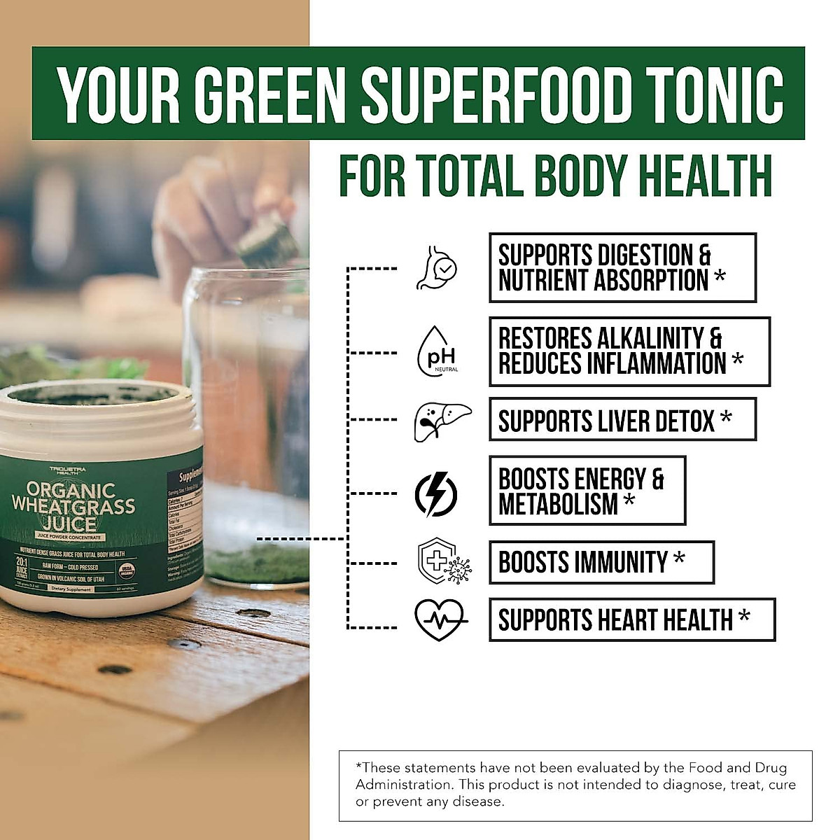 Organic Wheatgrass Juice Powder - Organic, Grown in Volcanic Soil of Utah - Raw BioActive Form, Cold-Pressed Then CO2 Dried, 20:1 Concentrate Juice Extract - Unflavored (5.3 oz – 50 Servings)