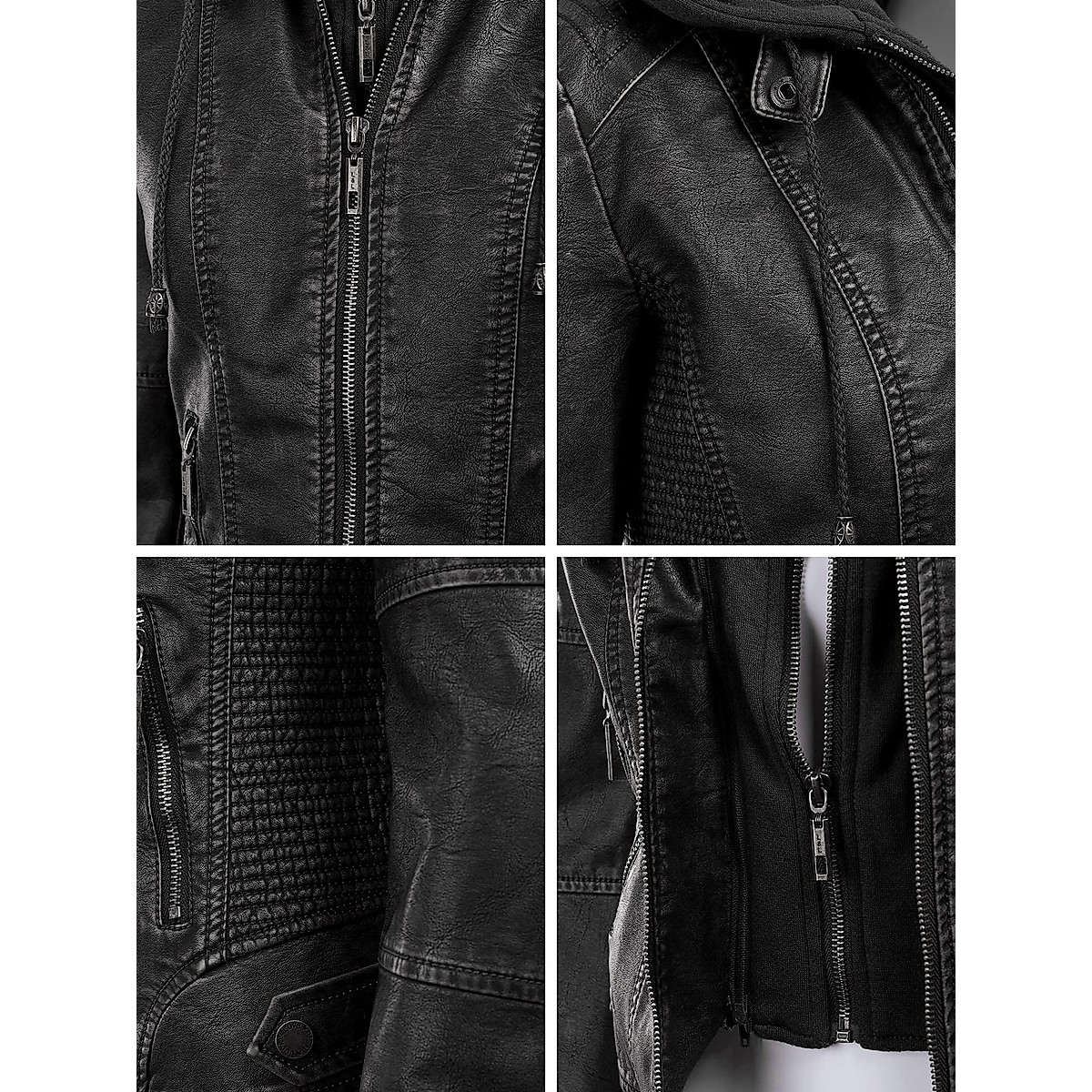 Lock and Love LL WJC1044 Womens Faux Leather Quilted Motorcycle Jacket with Hoodie L BLACK