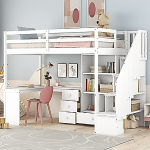 Bellemave Twin Size Loft Bed with Desk and Stairs Wood Loft Beds with Storage Cabinet and Bookcase High Loft Bed Frame with Staircase Shelves for Kids, Teen, Boys, Girls, White